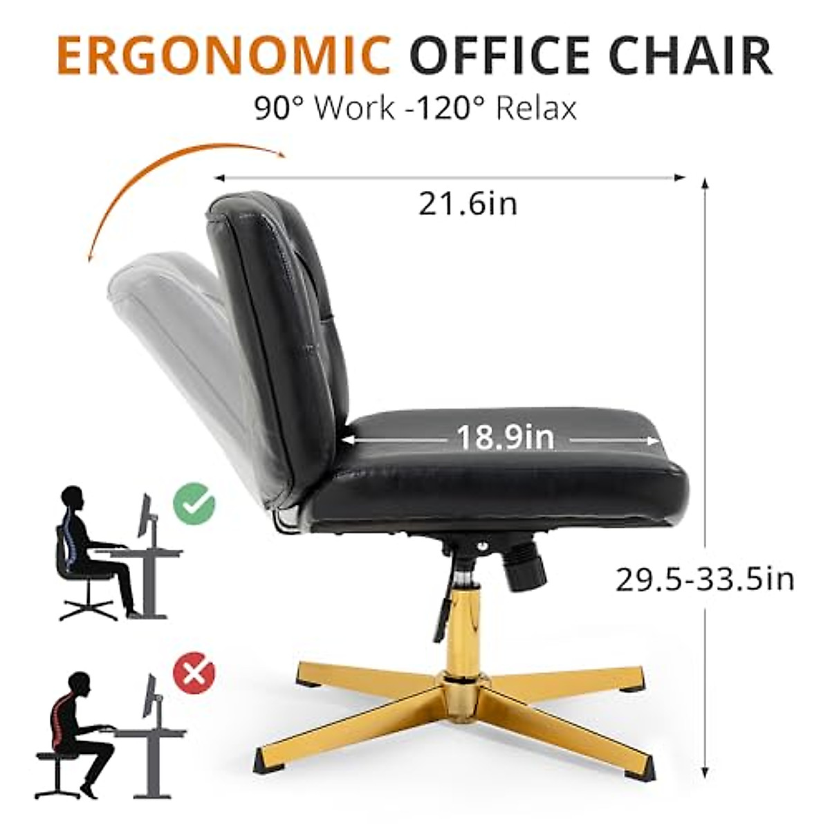 TURRIDU Home Office Armless Swivel Chair, Criss Cross Golden Legs No Wheels PU Leather Wide Seat Mid Back Aesthetic Chair for Living Room Bedroom Vanity Makeup Reading Computer Desk Task, Black