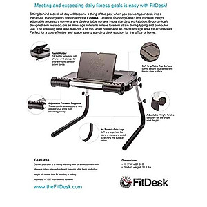 FitDesk Table Top Standing Desk with Massage Rollers and Forearm Supports - Soft Grip Surface Tablet Holder - No Scratch Grip Legs - Height Adjustable Range from 11" to 20"