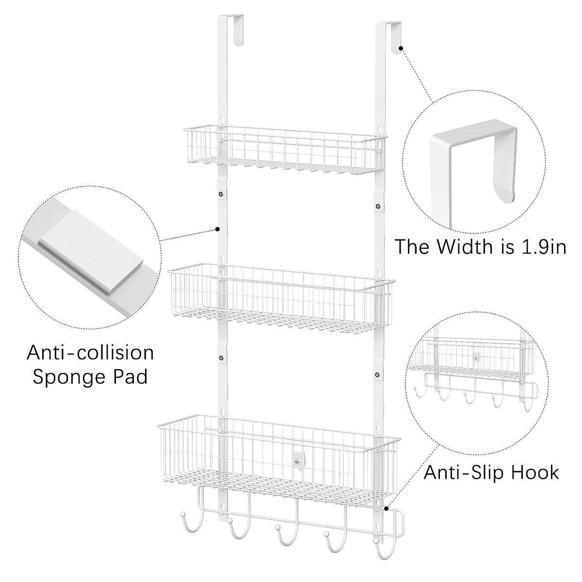 CADUKE Over The Door Organizer Hanger with Basket Hanger Door Towel Rack with 5 Hooks Back of Door Storage Organizer Behind Door Hooks Hanger Shelf for Bathroom, Kitchen, Office, White