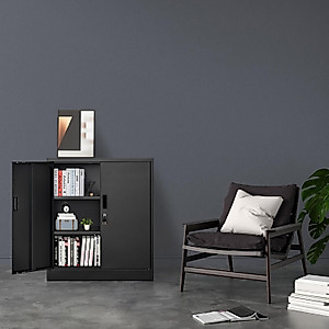 YEEZER Metal Storage Cabinet with 2 Shelves. Steel Locking Storage Cabinet for Home, Office, Garage, Utility Room and Basement, 36.2" H x 31.5" W x 15.7" D (Black)