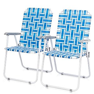Kcelarec Set of 2 Patio Folding Lawn Chair, Outdoor Beach Portable Webbed Folding Camping Chair for Yard, Garden (Blue 1)