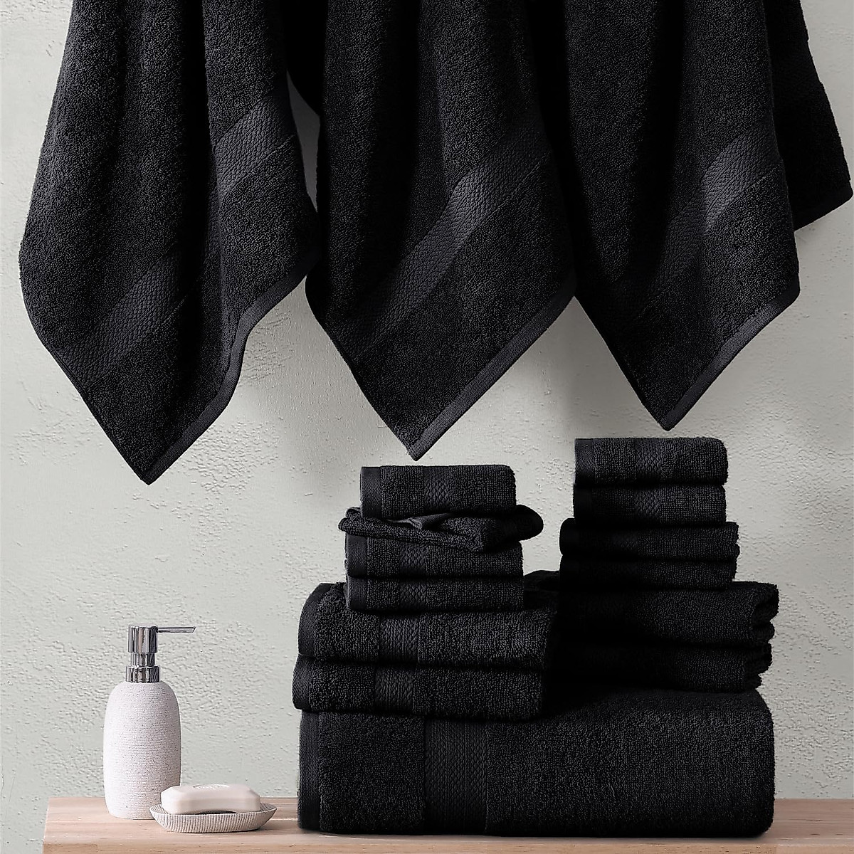 LANE LINEN 16 Piece Bath towels - Black Towels - 100% Cotton Towels for Bathroom, Luxury Bath Towels, Highly Absorbent Bathroom Towel Set, 4 Bath Towels, 4 Hand Towels, 8 Wash cloths - Black