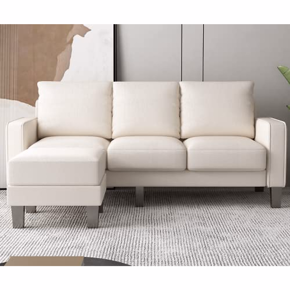WILLIAMSPACE Convertible Sectional Sofa with Storage, Modern L Shape Sofa, Fabric Living Room Couch with Ottoman Chaise for Small Space, Beige
