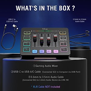 FIFINE Gaming Audio Mixer, Streaming RGB PC Mixer with XLR Microphone Interface, Individual Control, Volume Fader, Mute Button, 48V Phantom Power, for Podcast/Recording/Vocal/Game Voice-AmpliGame SC3