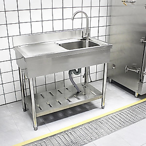 Treshin Stainless Steel Utility Sink, Free Standing Single Bowl Commercial Sink Set w/Workbench & Storage Shelves, Faucet, for Restaurant, Kitchen, Garage, Laundry, 19.6"D x 47.2"W x 37.4"H