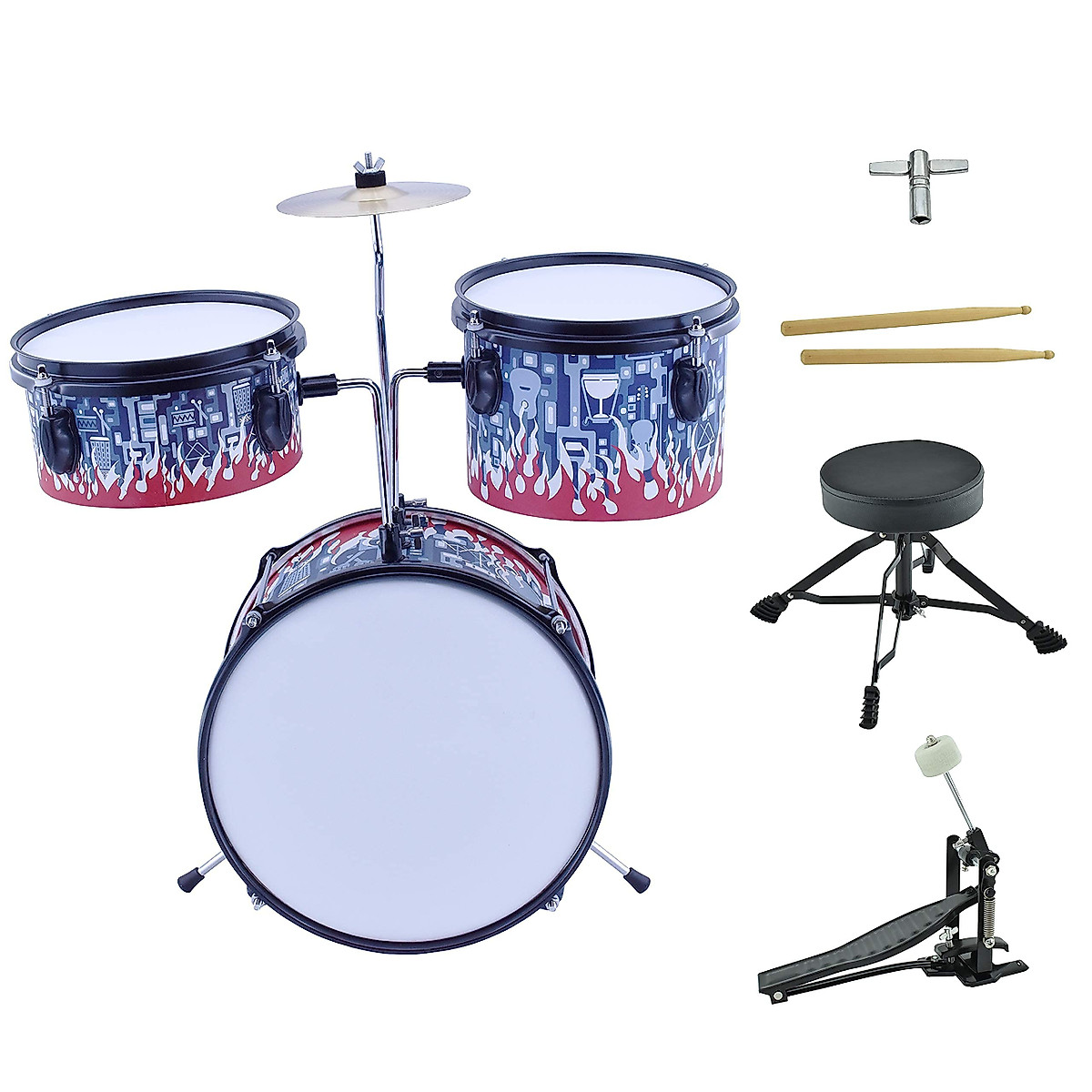 MUSICUBE Junior Drum Set, Kids Drum Set 10 inch 3-Piece with Adjustable Throne, Cymbal, Pedal & Hardwood Drumsticks, Fire Flower Painted Model