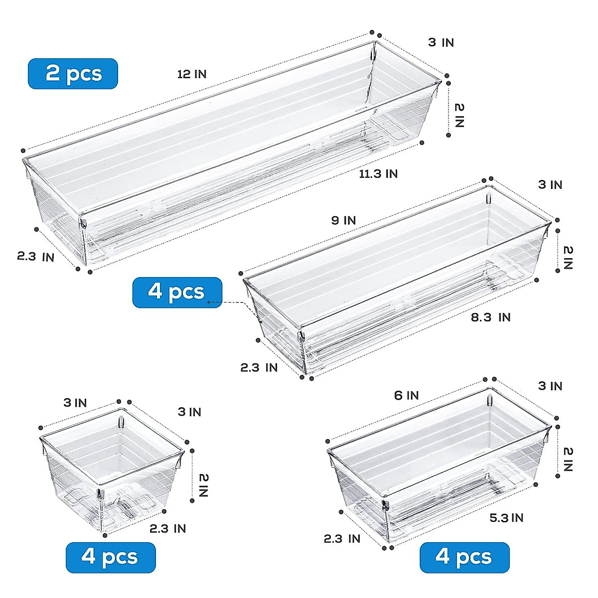 14 PCS Clear Plastic Drawer Organizer Tray for Makeup, Kitchen Utensils, Jewelries and Gadgets