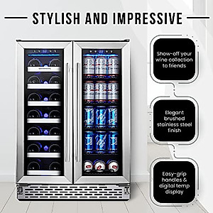 Phiestina Wine Cooler Beverage Refrigerator, 24” Beer Wine Fridge with Dual-Zone Digital Temperature Control, Glass Front Doors and Interior Lighting Holds 20 Bottles and 72 Cans on Removable Shelves
