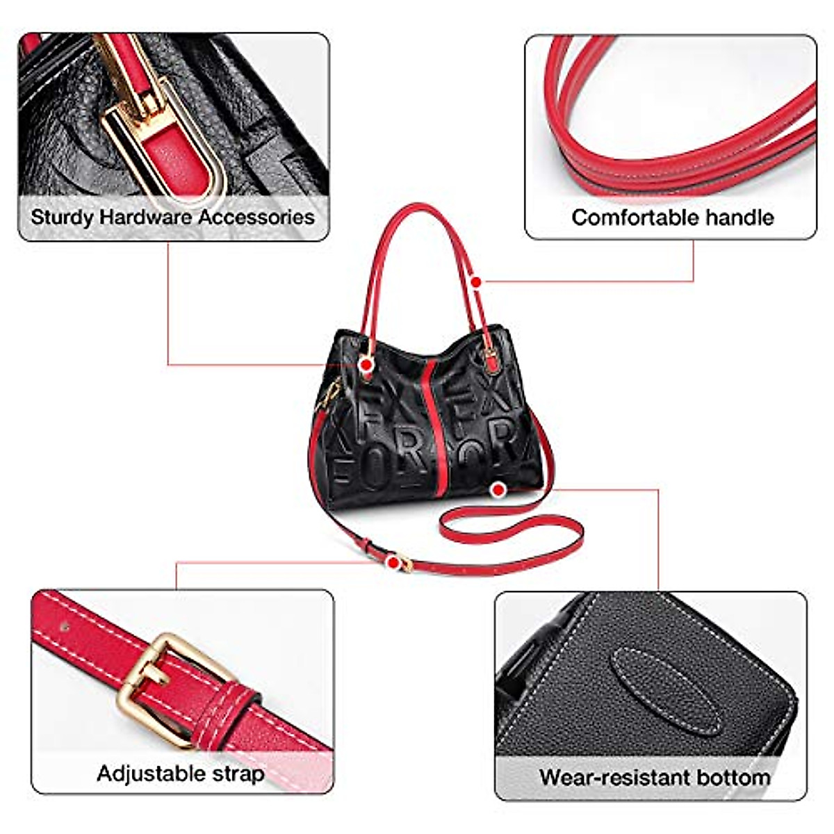 Leather Satchel Handbags for Women, Genuine Leather Alphabet Signature Pattern Ladies Top-handle Bags Womens Real Leather Tote Purses and Handbags Women's Shoulder Shopper Girls Large Carryall (Black)