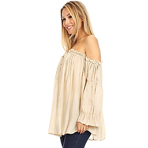 Anna-Kaci Womens Semi Sheer Boho Peasant Long Sleeve Off The Shoulder Top, Beige, XX-Large