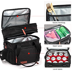MOV COMPRA Movcompra Black Adult Insulated Lunch Box for Work, Expandable Large Lunch Bags for Women Men, Leakproof Double Deck Lunch Box Cooler Tote Bag with Removable Shoulder Strap