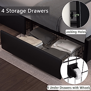 IMMERSTABLE Queen Size Bed Frame with 4 Drawers and LED Headboard, Upholstered Bed Frame Queen with Storage, Heavy Duty Metal Frame and Wood Slat Support, Queen Bed Frame No Box Spring Needed, Black