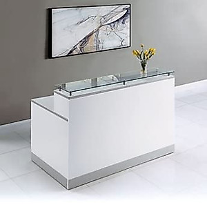 nbf signature series Esquire Glass Top Reception Desk - 63" W x 32" D White Laminate/Silver Laminate Desktop Kickplate and Accents/Glass Top