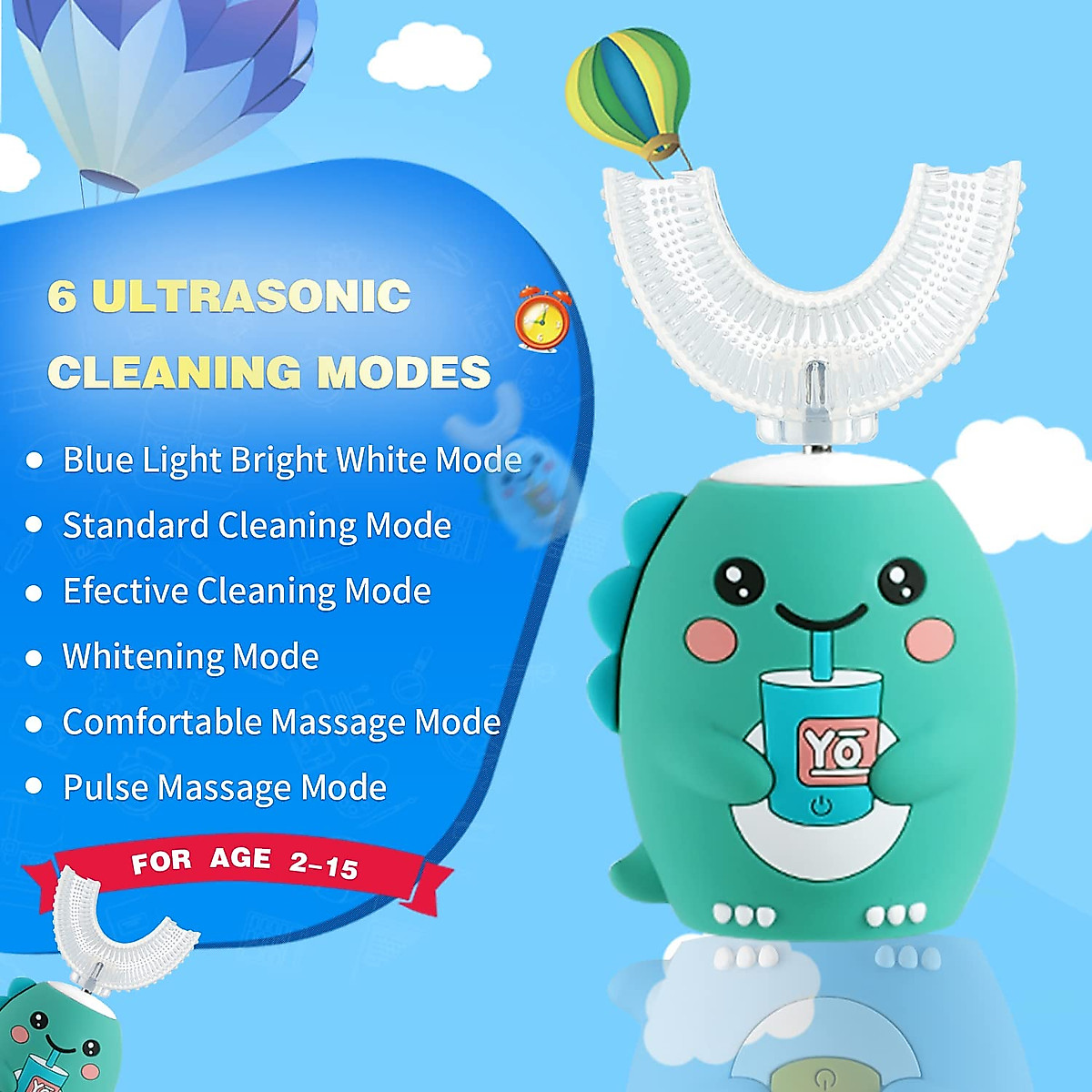 yeklike Kids Electric Toothbrushes, U Shaped Ultrasonic Toothbrush,Rechargeable Kids Toothbrush w/Smart Timer, Sonic Toothbrush K10 （2-7y）…