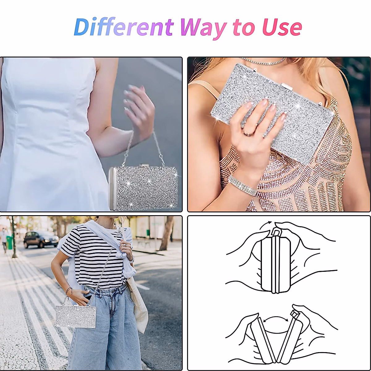 Ditard 4 Pieces Rhinestone Jewelry Set Women Clutch Purse for Prom Sets Wedding Bridal Bracelet Necklace Dangle Ear Clip Crystal Party (Noble Style), Silver