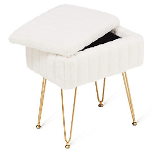 Wimarsbon Storage Ottoman, Vanity Stools with Metal Legs, 16.5" x 11.8" x 18" Modern Faux Mink Fur Footstool, Makeup Chair with Anti-Slip Feet, Accent Table,Footrest,Storage Bench for Bedroom