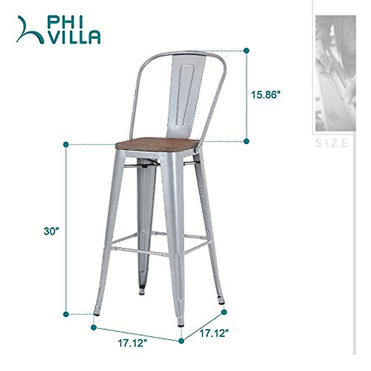 PHI VILLA Metal Patio Bar Stools Set of 4, 30 inches Counter Height Stools with Wooden Seat and High Back, Industrial Style Bar Chairs for Indoor & Outdoor, Pub, Kitchen Island - Matte Grey