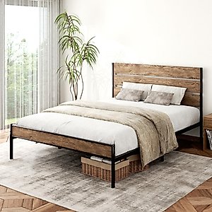 CXVX Queen Size Metal Platform Bed Frame with Modern Wooden Headboard and Footboard, Easy Assembly, No Box Spring Needed, Noise-Free, Vintage Brown