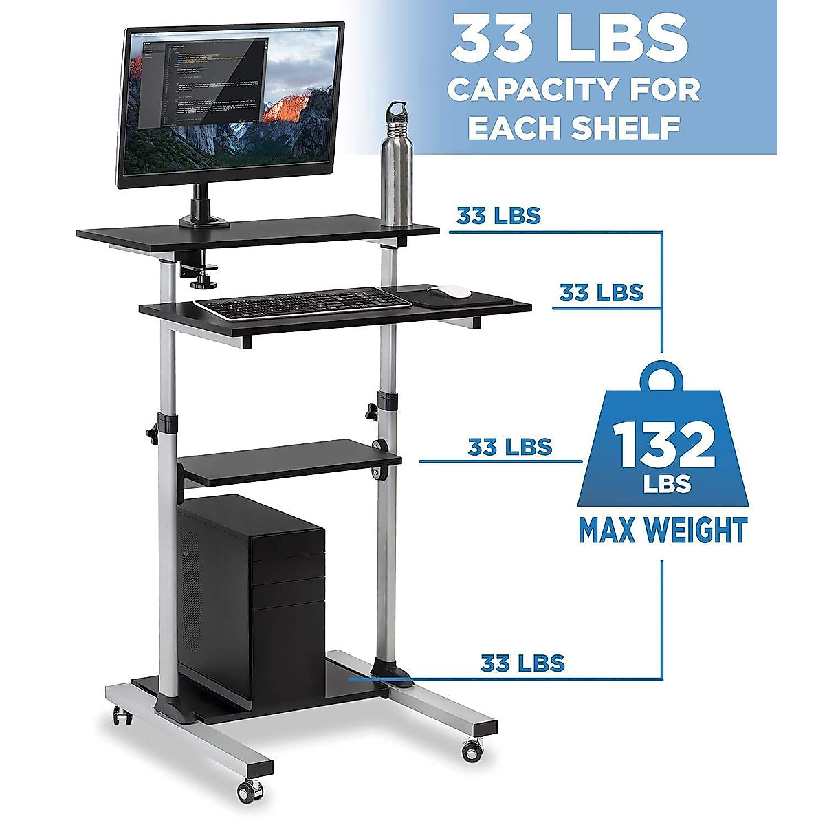 Mount-It! Mobile Standing Desk, Height Adjustable Stand Up Computer Work Station and Height Adjustable Foot Rest with Handle, Six Height Settings, and Anti-Slip Padded Surface