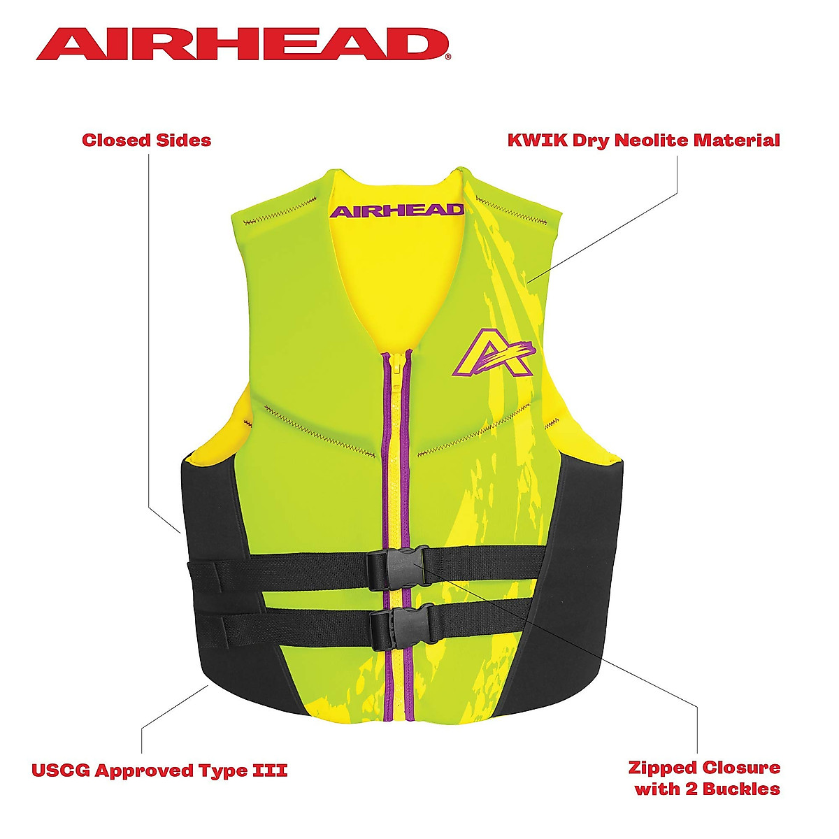 Airhead Swoosh Kwik-Dry Neolite Life Jacket, US Coast Goard Approved Type III Life Jacket, Adult and Youth Sizes