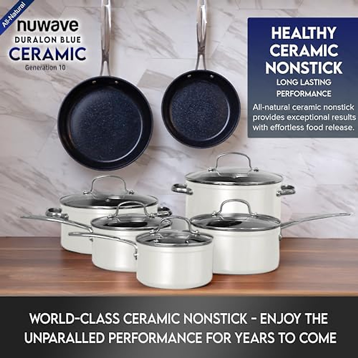 Nuwave Healthy Duralon Blue Ceramic Nonstick Cookware Set, Diamond Infused Scratch-Resistant, PFAS Free, Dishwasher & Oven Safe, Induction Ready & Evenly Heats, Tempered Glass Lids & Stay-Cool Handles
