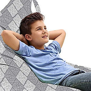 Ambesonne Geometric Lounger Chair Bag, Greyscale Floral Pattern with Abstract Leaf and Petals Vintage Inspirations, High Capacity Storage with Handle Container, Lounger Size, Pale Grey White