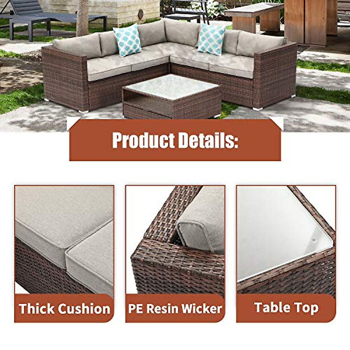 SUNBURY 4-Piece Outdoor Sectional Sofa Patio Furniture Set w Grey Thinck Cushions, Patio Conversation Set Outdoor Wicker Sofa w Tempered Glass Coffee Table, Waterproof Cover for Backyard
