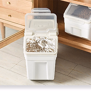 YXQ 25LB Large Flour Storage Container Bin ,2 Pack Airtight Plastic with Wheels Seal Locking Lid Dispenser Organizer Storage Bin with Measuring Cup & Scoop for Flour, Rice, Grain 50LBS Total