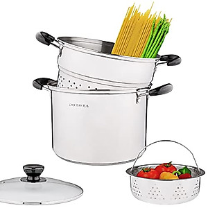 Lake Tian Stainless Steel Pasta Pot With Strainer Insert 4pc 10 Quart, Steamer for cooking, Spaghetti Pot, Stock & Pasta Pots Multipots, Steamer Set With Basket With Lid, Induction Compatible