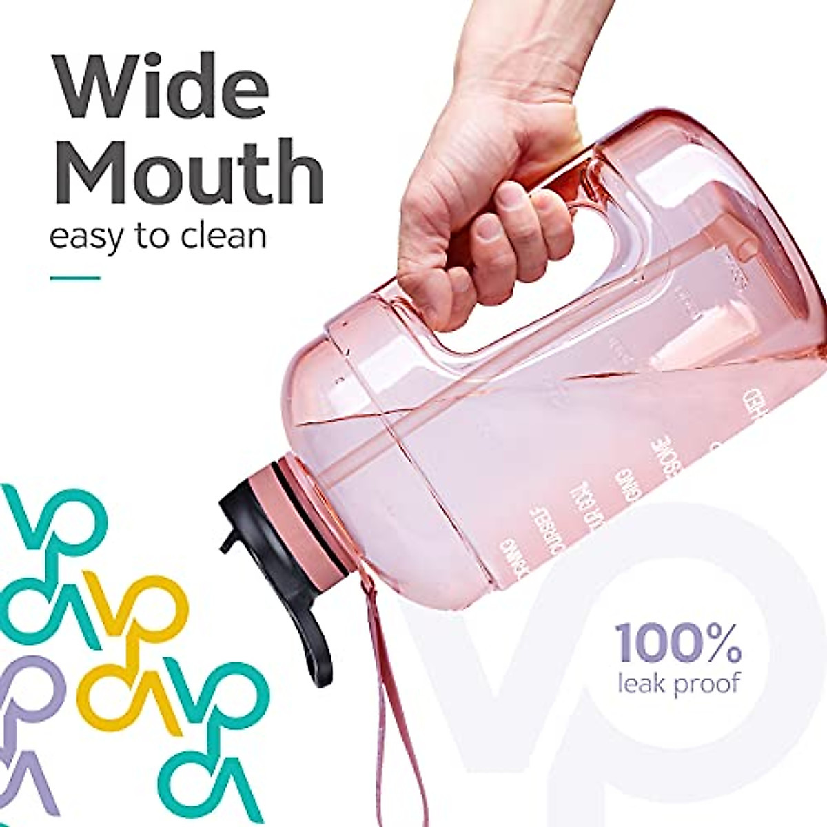 Venture Pal Half Gallon Water Bottle with 2 Lids, Large 64 oz Water Jug with Motivational Time Marker to Ensure You Drink Enough Water-Light Pink