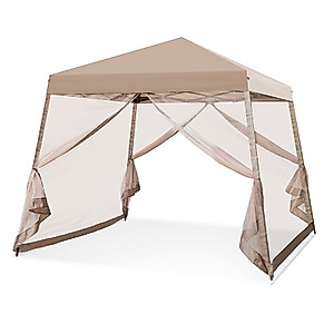 EAGLE PEAK 10x10 Slant Leg Easy Setup Pop Up Canopy Tent with Mosquito Netting 64 sqft of Shade, Beige
