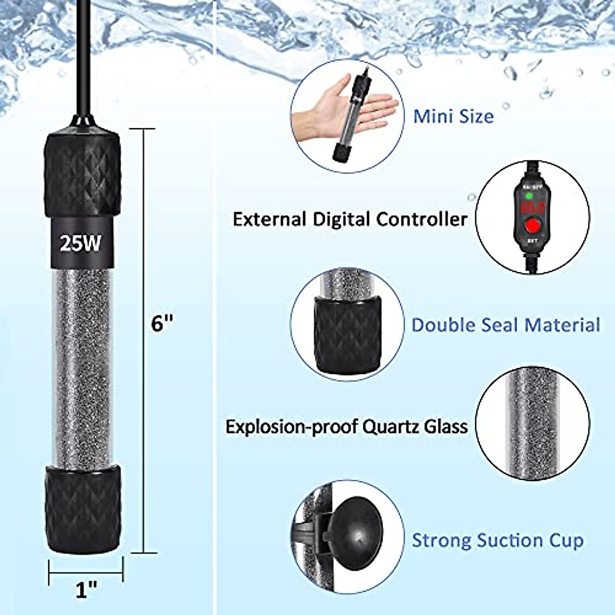 Aquarium Heater 25W Small Fish Tank Heater Submersible 25W 50W 100W, Precise Temperature Control with Intelligent Memory Function, External LED Digital Temp Controller Suitable for Betta Fish Turtle