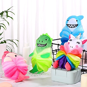 4 Pieces Animal Bath Loofahs Kids Body Loofahs Cartoon Shower Loofahs Cute Bath Sponges Pouf Body Scrubbers Mesh Loofah Sponges for Children Shower Baby Washing Exfoliating, 4 Styles (Vivid Style)