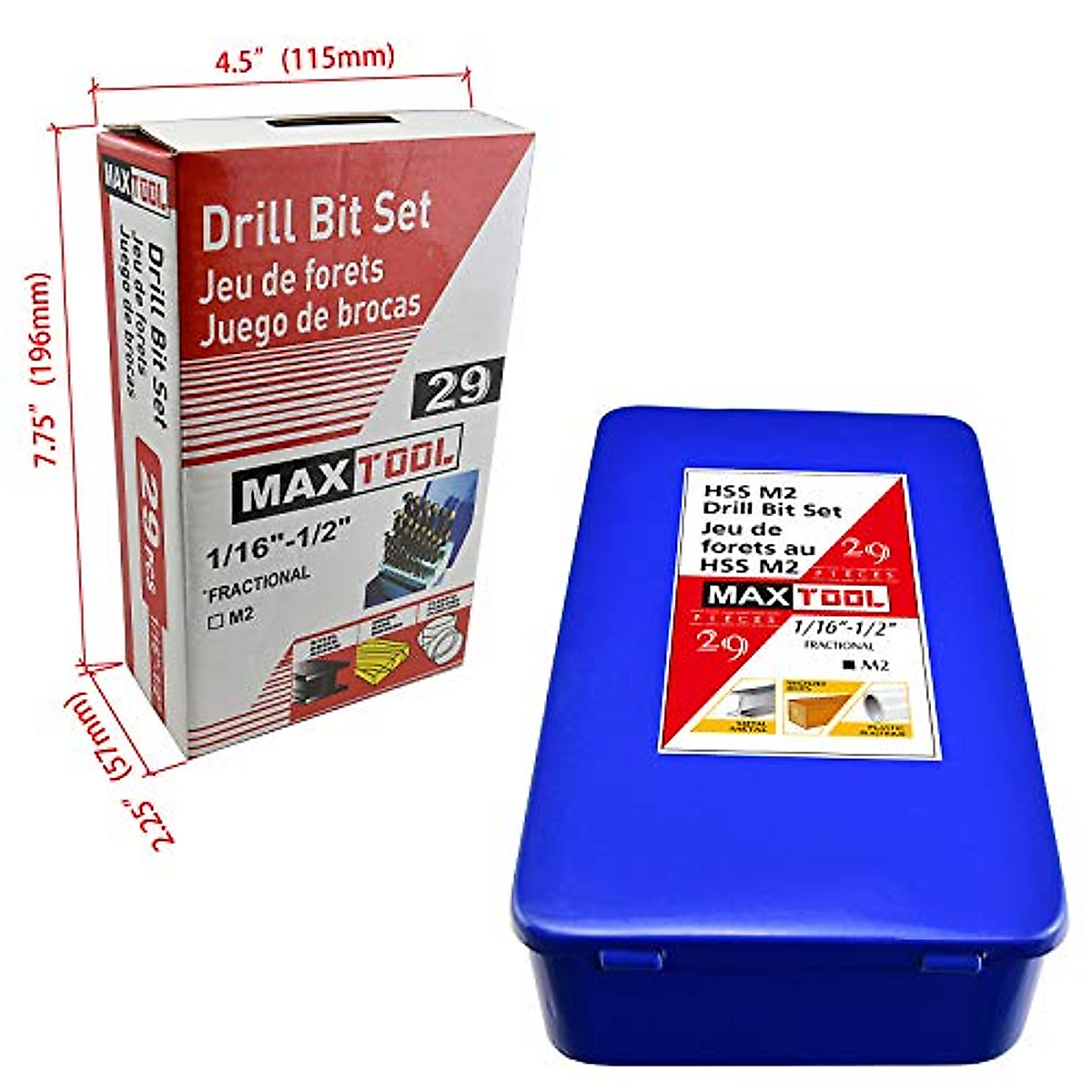 MaxTool 29 Pieces Drill Set 29PCs/29-Piece Twist Drill Bit Set High Speed Steel M2 Fully Ground 3-Flat 1/16“ to 1/2”x64th Fractional; JBS02W13R029P