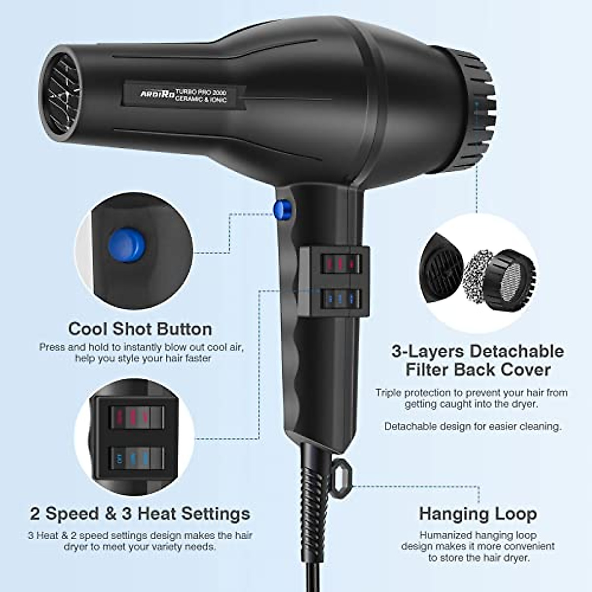 ARDIRO 2000W Professional Hair Dryer, Negative Ionic Salon Hair Blow Dryer for Quick Drying with AC Motor, Hairdryer with Diffuser & Concentrator, 3 Heat & 2 Speed Setting for Women Men Kids -Black