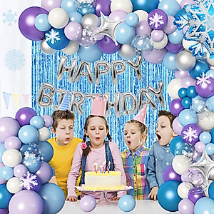 116Pcs Froozen Balloon Garland Arch Kit, Snowflake Blue Purple Confetti Balloons Fringe Curtain for Winter Wonderland Christmas Baby Shower Snow Princess Froozen Birthday Party Supplies Decorations