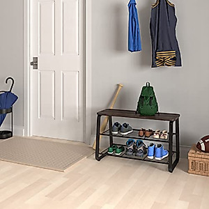 ClosetMaid 3-Tier Shoe Rack Bench - Metal Frame, Wire Shelves, Wood Seat - Entryway, Hallway, Living Room, Mudroom Organizer - Modern Walnut Finish