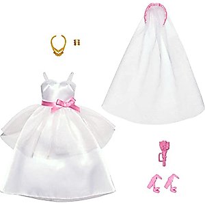 Barbie Fashions Doll Clothes and Accessories Set, Bridal Pack with Wedding Dress, Veil, Bouquet, Shoes and Jewelry