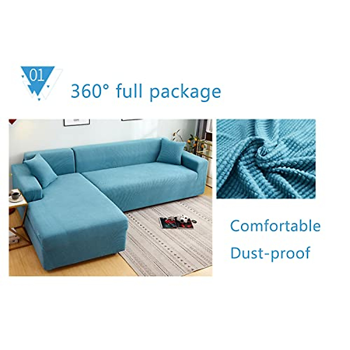 IMYOGI High Stretch Sofa Covers Stretch Sectional Sofa Cover L Shape Sofa Slipcovers Jacquard Fabric Furniture Protector with Elastic Bottom Couch Covers for Living Room -blue-2-4 Seater+4 Seater