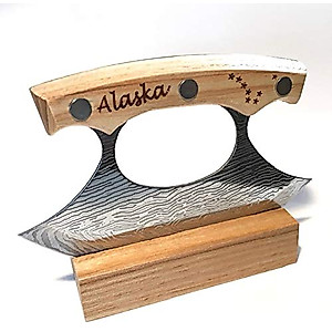 Arctic Circle Alaska Ulu Wood Handle Dipper Design Forged Damascus Blade Wood Stand