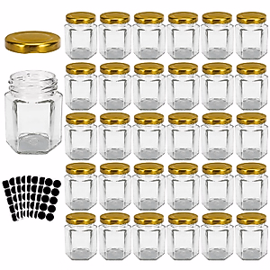 3 oz Hexagon Glass Jars with Gold Lids, 30 Pack Honey Jars Canning Jars Small Spice Jars for Jelly, Herb, Jams, Candy, Wedding Favors, Includes Labels and Pen