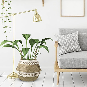 Wesiti Set of 3 Boho Seagrass Belly Basket Natural Storage Plant Basket Plant Pot Woven Plant Basket with Handles and Tassels for Living Bathroom Laundry Toy Grocery Storage, Small, Medium and Large