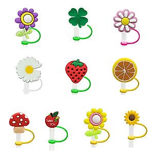 10 Pieces Straw Cover Cap Reusable Silicone Straw Toppers Drinking Straw Tips Lids for 6-8 mm Cute Straws Plugs (Not include Straw) (2D Style 2)