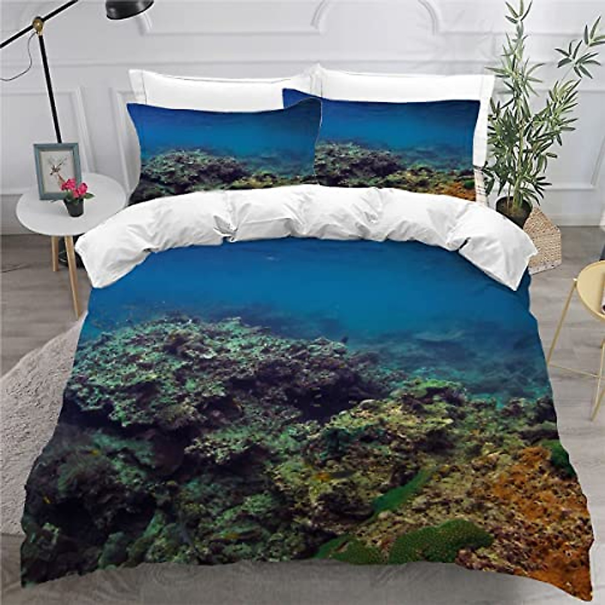 Quilt Cover Queen Size Coral Reef 3D Bedding Sets Underwater World Duvet Cover Breathable Hypoallergenic Stain Wrinkle Resistant Microfiber with Zipper Closure,beding Set with 2 Pillowcase