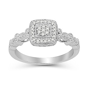 Jewelili Sterling Silver 1/10 Cttw Natural White Round Diamond Engagement Ring, Size 7