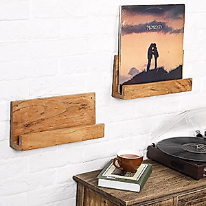 MyGift Wall Mounted Premium Natural Acacia Wood Vinyl Record Album Storage Racks, LP Record Holder Decorative Display Shelves, Set of 2 - Made in India