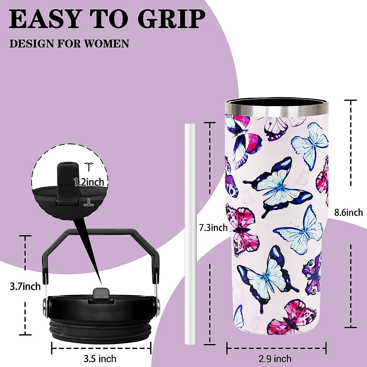 Butterfly Tumbler with Handle and Straw, Stainless Steel Vacuum Insulated Flip Straw 30 oz Pink Butterfly Tumbler Spill Proof Coffee Travel Mug Butterfly Gifts for Women