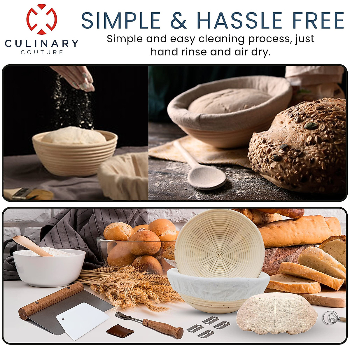 Culinary Couture Proofing Basket Set - Includes 2 Rattan Banneton Baskets & Linen Liners, Metal Scraper, Plastic Scraper, Scoring Lame, Dough Whisk, 5 Blades with Case - Complete Sourdough Starter Kit