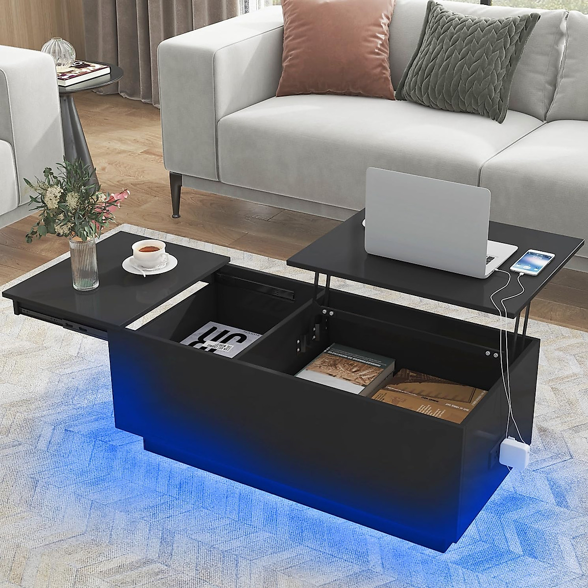 HOMMPA Lift Top LED Coffee Table, Black