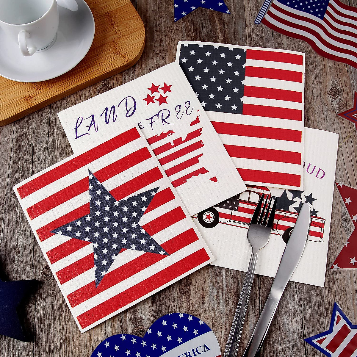 Quera 4Th of July Swedish Kitchen Dishcloth Retro Patriotic Stars & Stripes Truck Cotton Kitchen Towel Independence Day Absorbent Quick Drying Kitchen Cloth for Home Counter Wipes,4Pcs​
